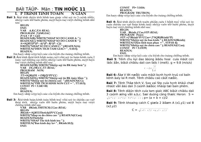 Bài tập - Lập trình tính toán đơn giản - Tin học 11 - Cáp Xuân Tú ...