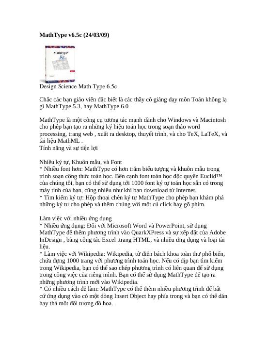 Phần mềm hỗ trợ gõ ký tự toán học MathType v6.5c cập nhật 24/03/2009 - Tin học 9 - Hoàng Việt ...