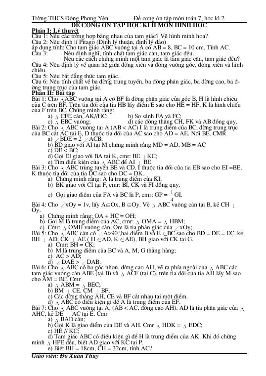 Đề cương ôn tập hình học 7 kì 2 - Hình học 7 - Đỗ Xuân Thủy - Thư viện ...