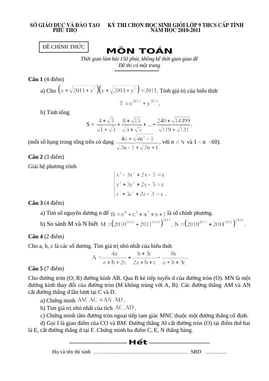 Đê và HDC Thi HSG Tỉnh Phú Thọ 10-11 - Toán 9 - Nguyễn Hoàng Hải - Thư ...