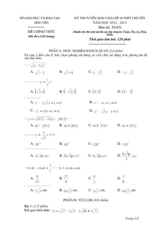 ĐỀ+ĐÁP ÁN ĐỀ THI CHUYÊN HƯNG YÊN 2012(đề chung) - Tuyển sinh lớp 10 ...