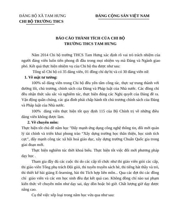 BÁO CÁO THÀNH TÍCH CỦA CHI BỘ TRƯỜNG THCS TAM HƯNG - Âm nhạc 6 - Bùi Hà ...