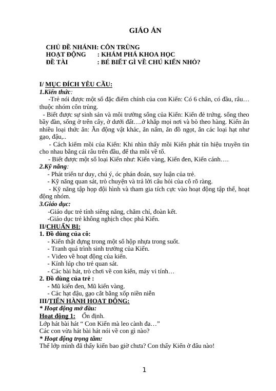 Giáo án KPKH : BÉ BIẾT GÌ VỀ CHÚ KIẾN NHỎ? thu hang - Giáo án - Nguyễn ...