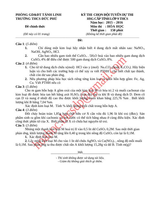 Đề khảo sát đội tuyển thi HSG 15-16 - HÓA 9 - Mai Thiện Chánh - Thư viện hóa học 24h - Đồng hành ...