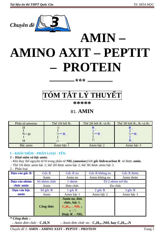 Chuyên đề 3: Amin - aminoaxit - peptit - protein - Hóa học 12 - Nguyễn Phước Sang - Thư viện Đề ...