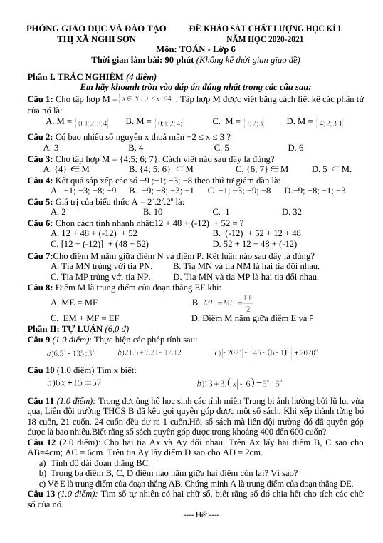 de thui ki 1 nam 2020-2021 - Toán học 6 - Lê Văn Bình - Thư viện tài ...
