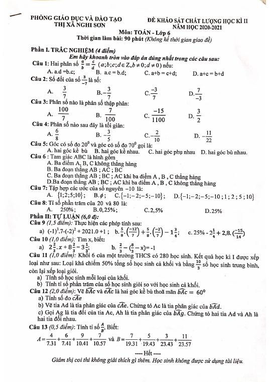 de thi ki hoc 2 nam 20.21 - Toán học 6 - Lê Văn Bình - Thư viện tài ...