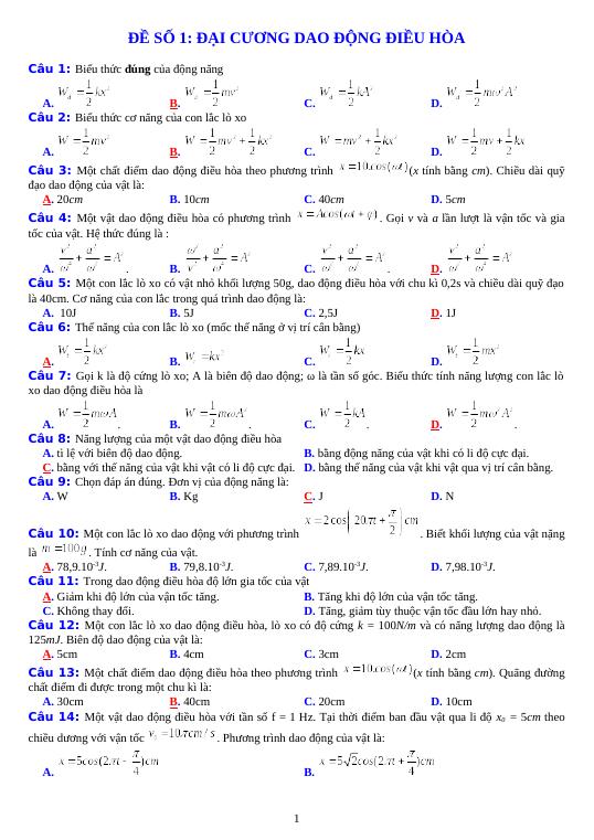 1.1 ĐỀ SỐ 1 ĐẠI CƯƠNG DAO ĐỘNG ĐIỀU HÒA - Vật lý 12 - Phùng Minh Phúc ...