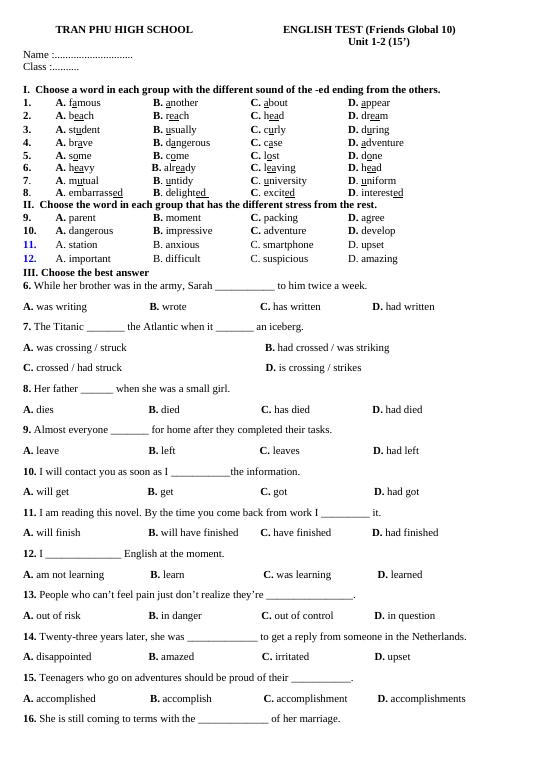 Đề kiểm tra giữa HK1 nâng cao - Friends Global 10 - huỳnh cao hoàng minh - Thư viện Đề thi ...