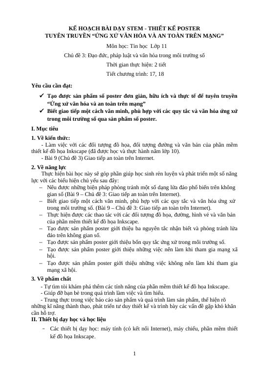 Bài 9. Giáo án bài dạy STEM - Thiết kế Poster tuyên truyền "Ứng xử văn ...