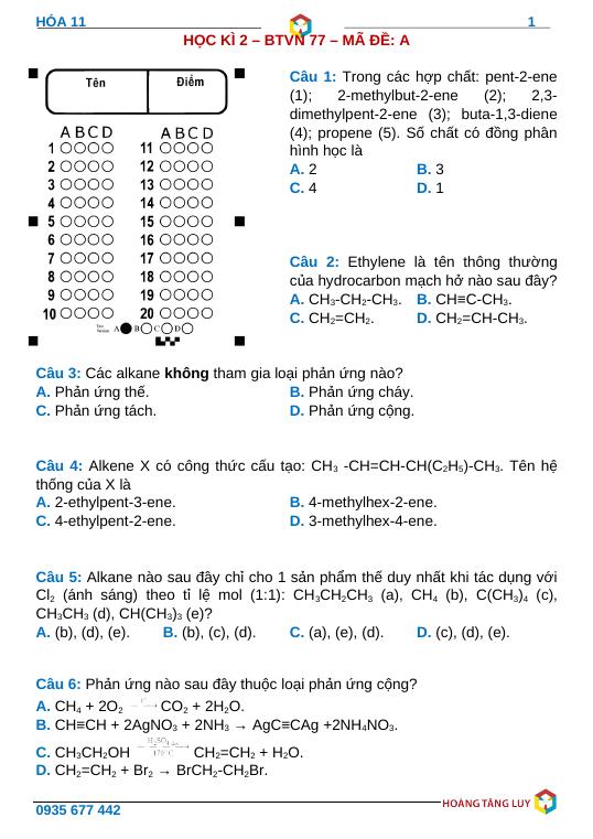 Kiểm tra 15' ALKANE - ALKENE - Hóa học 11 - Hoàng Tăng Luy - Thư viện Đề thi & Kiểm tra