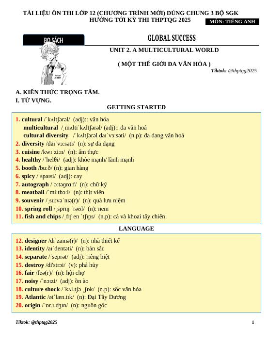 UNIT 2. A MULTICULTURAL WORLD - GLOBAL SUCCESS 12 (Có đáp án) - Global ...