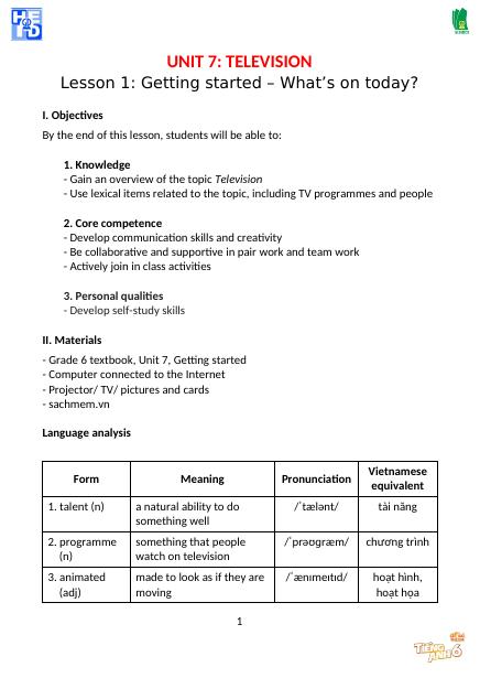 Unit 7. Television. Lesson 1. Getting started - Tiếng Anh 6 - Trịnh Thành Đạt - Thư viện Giáo án ...
