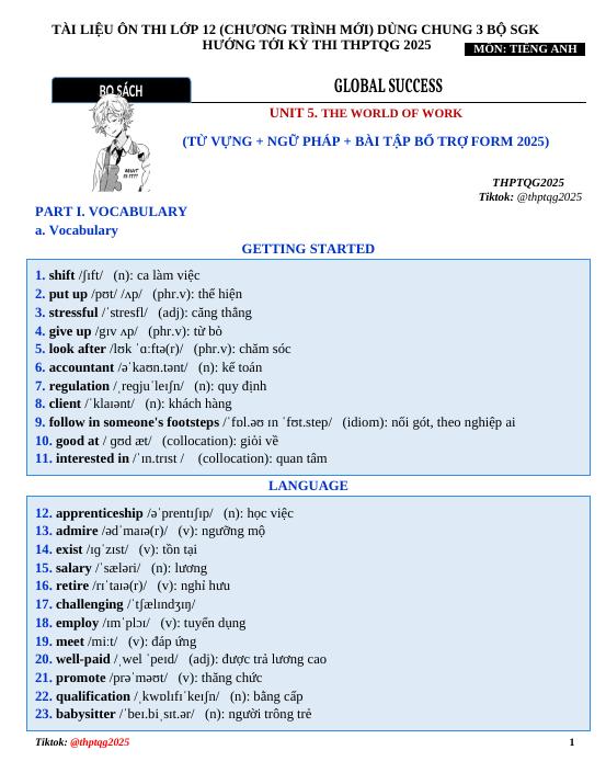 UNIT 5. THE WORLD OF WORK (Từ vựng, ngữ pháp, bài tập bổ trợ kèm đáp án ...