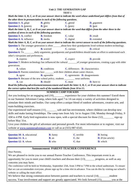 unit 2 Generation gap (Form 2025) - Global Success 11 - Bùi Quang Lệ ...