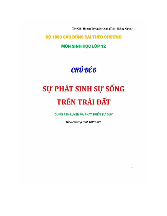 bộ 1000 câu hỏi đúng sai sinh học form mới 2025 - Sinh học 11 - Hoàng ...