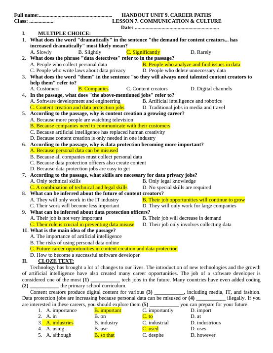 UNIT 9. LESSON 7. COMMUNICATION &CULTURE - Global Success 12 - Lê Thị ...