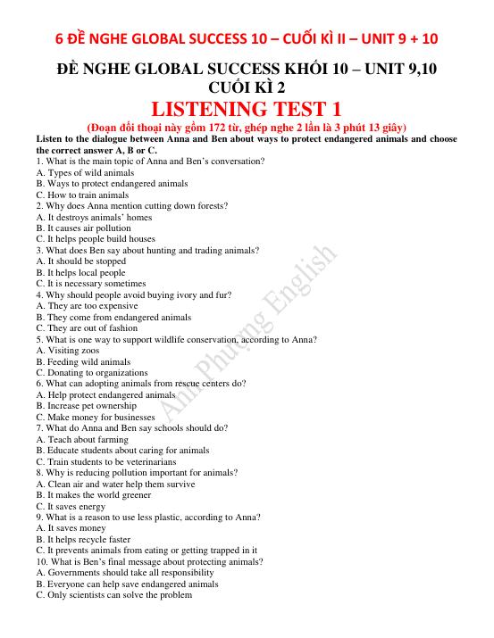 BỘ 6 ĐỀ NGHE CUỐI KÌ II - UNIT 9 + 10 - Global Success 10 - Hồ Huy Khoa ...