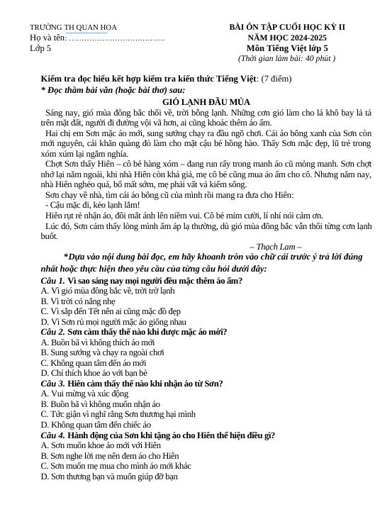 KTDK CK2 TV5 KNTT - Tiếng Việt 5 - Nguyễn Thu Hồng - Thư viện Đề thi & Kiểm tra