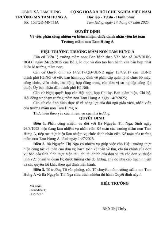 Quyết định phân công nhiệm vụ chức danh NV Kế toán đối với bà Nguyễn Thị Nga tháng 7-2025 - Các ...