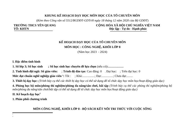 KHDH MÔN CÔNG NGHỆ 8 KNTT - Công nghệ 8 - Quách Thị Hiền - Thư viện ...
